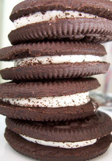 Oreo cookies stacked.
